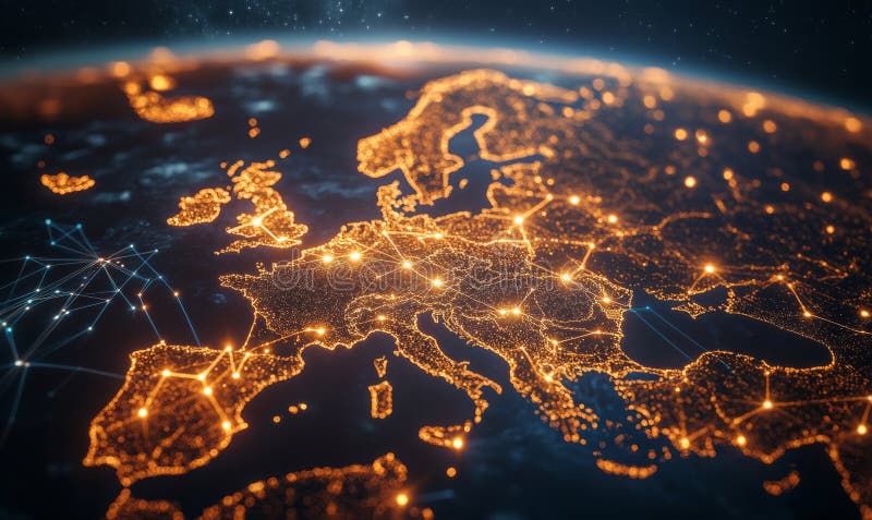 Map of Europe with Global Connection Lines and Lights. Worldwide ...