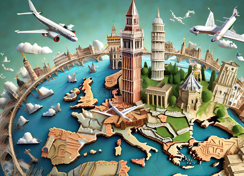 Map of Europe and Important Structures in 3D.airplanes in the Air Stock ...