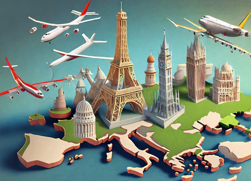 Map of Europe and Important Structures in 3D.airplanes in the Air Stock ...