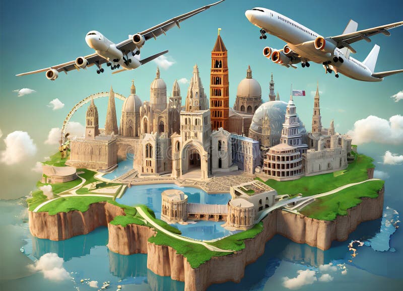 Map of Europe and Important Structures in 3D.airplanes in the Air Stock ...