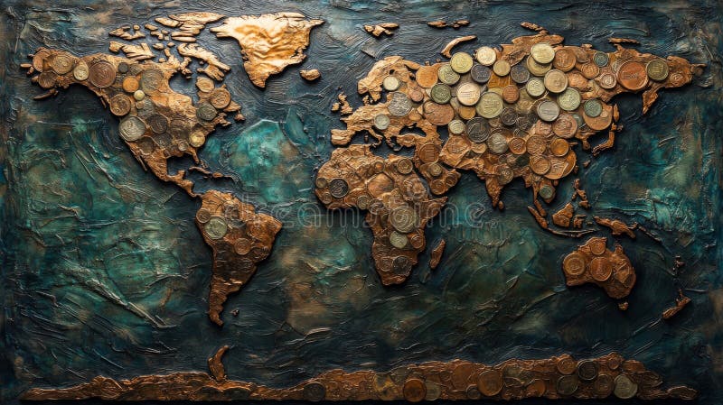 Map Featuring World Continents in Relief with Metallic Coins Embedded ...