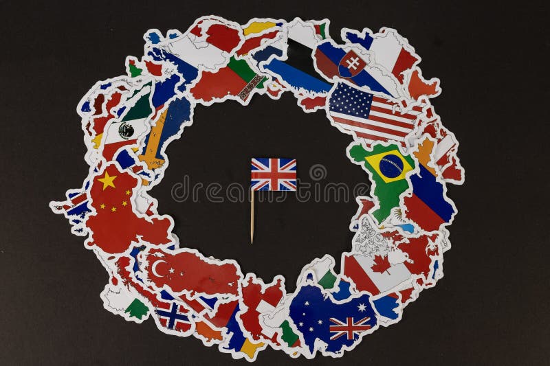 Map Flags Circle with British Flag in Center on Black Background Stock ...