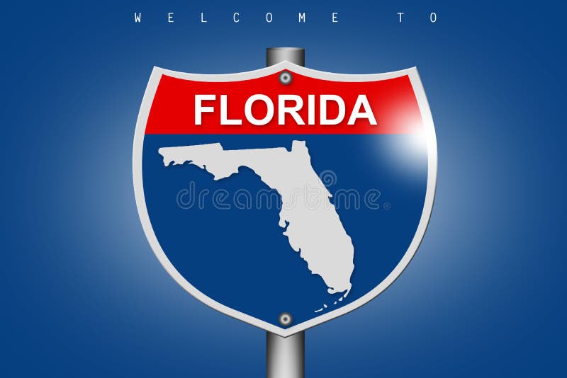 Map of Florida on Highway Road Sign Over Blue Background Stock ...