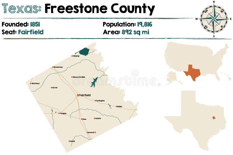 Map Of Freestone County In Texas Stock Vector - Illustration of cities ...