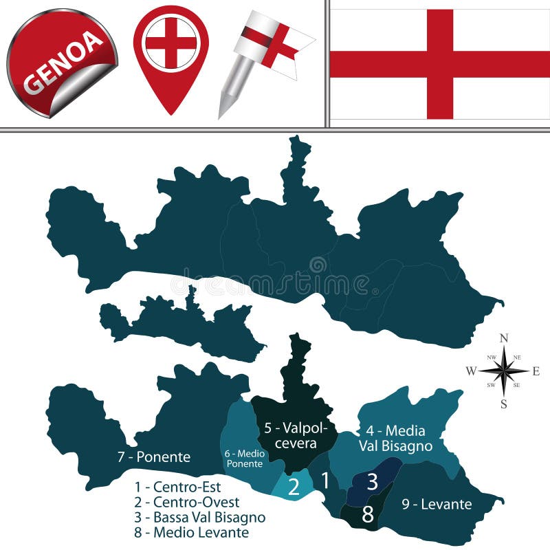 Map of Genoa, Italy with Subdivisions Stock Vector - Illustration of ...