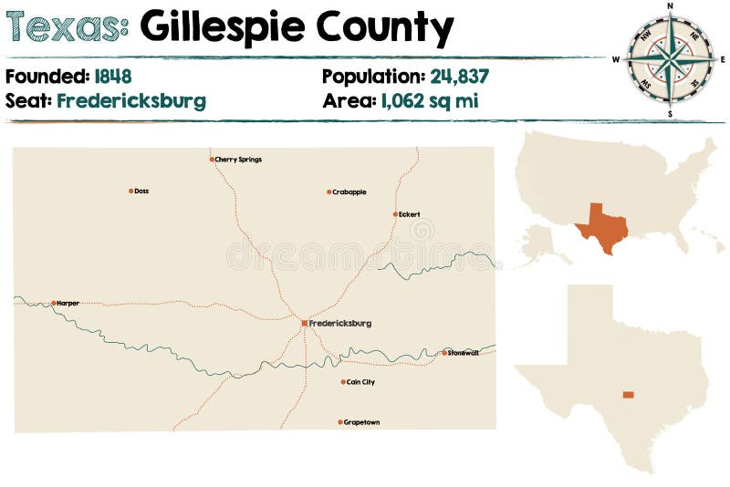 Map of Gillespie County in Texas Stock Vector - Illustration of compass ...