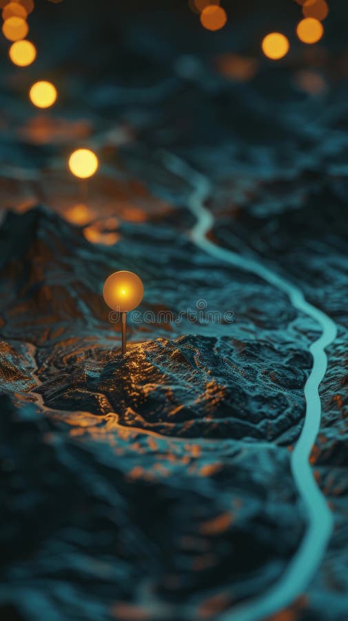 Map with Glowing Location Pin and River, Dark Theme. Navigation and ...