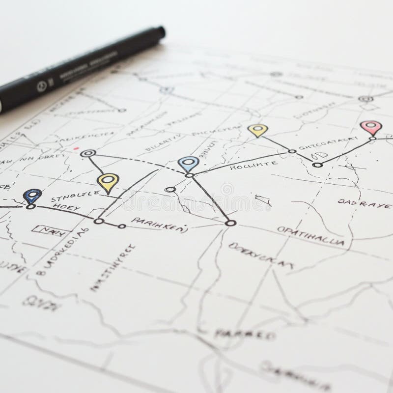 Map with Hand-drawn Style Lines and Colored Location Markers, Depicting ...