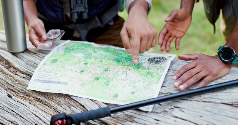 Map, Hands and Hike of People with Compass, Direction and Travel with ...