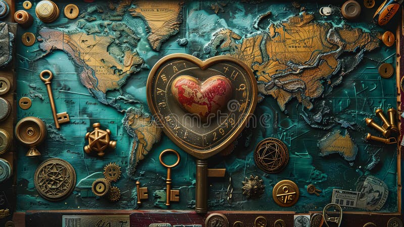A Map with a Heart in the Middle and a Key on the Left Side Stock Image ...