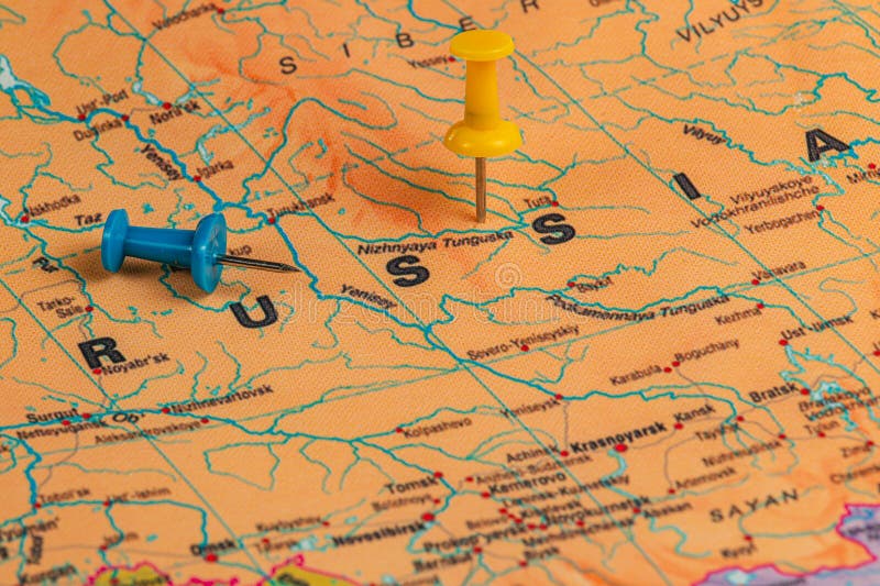 Map Highlighting Locations in Russia with Pins Attached Stock Photo ...