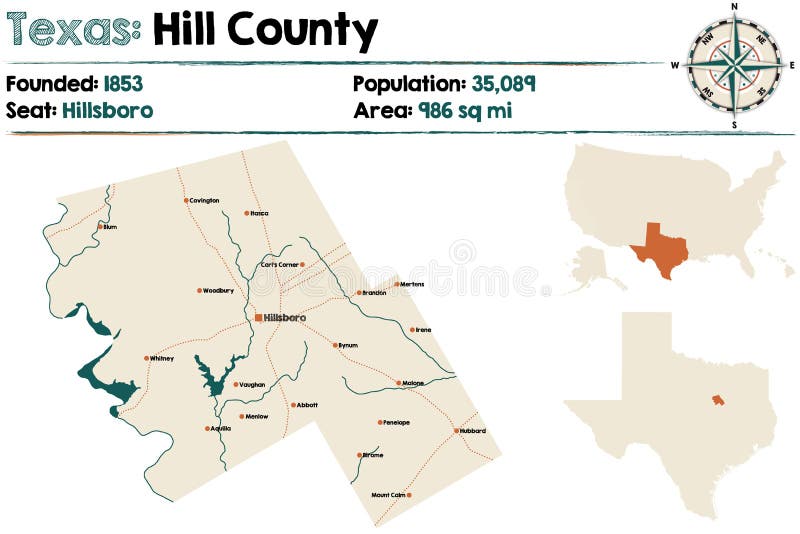 Map of Hill County in Texas Stock Vector - Illustration of seat, blue: 124778250