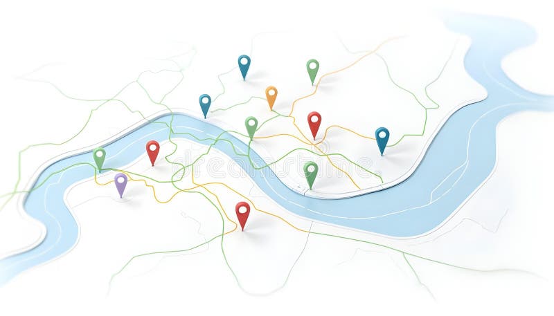 Map Horizontal View of a River Modern Transportation with Pinpoints ...