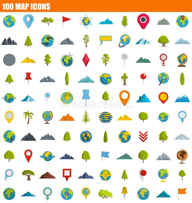 100 Map Icon Set, Flat Style Stock Illustration - Illustration of ...