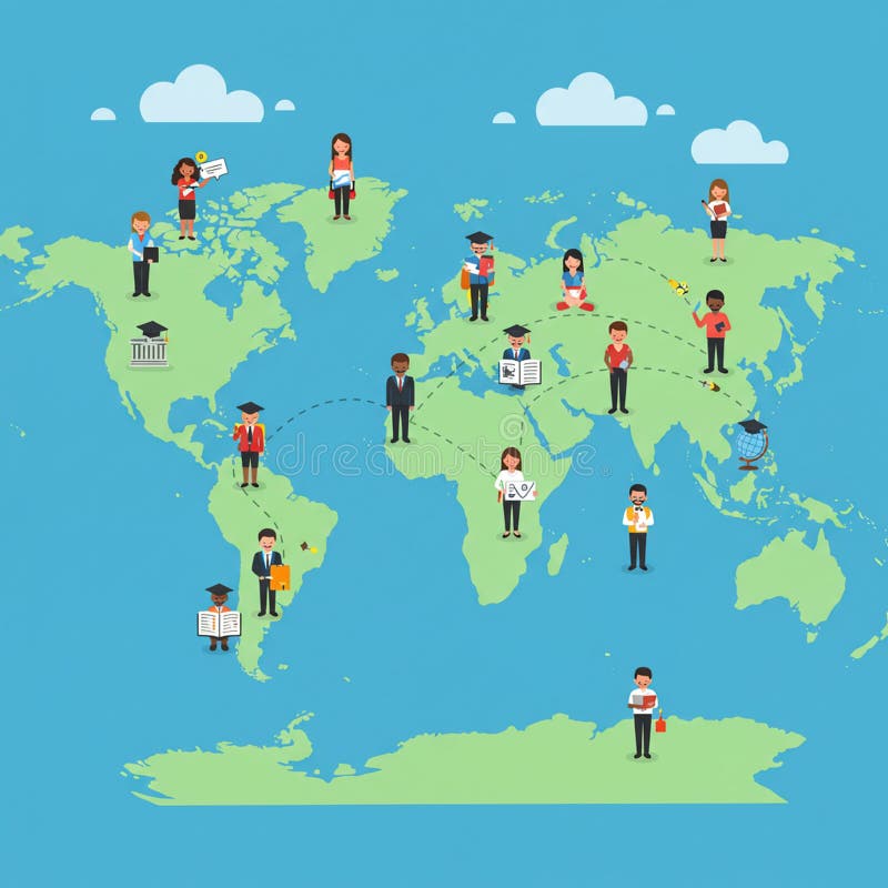 Map with Illustrated Characters Representing Various Educational and ...