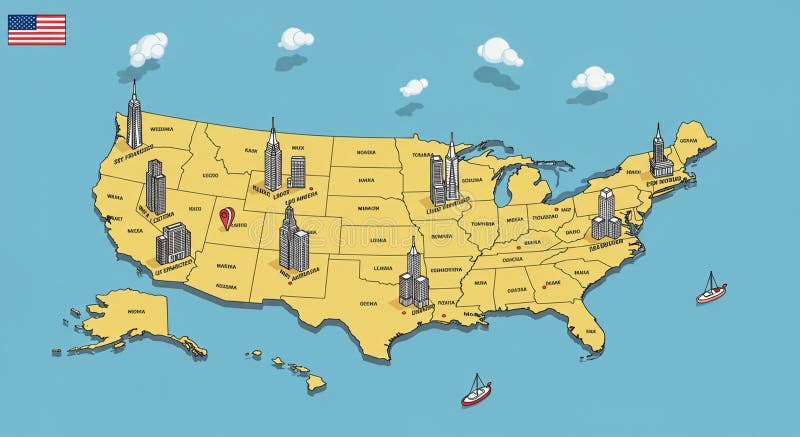 Map Illustration of the United States Featuring Oversized Iconic ...