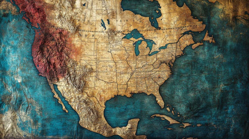 An Ancient Map Design Depicting North America in Rich Colors and ...