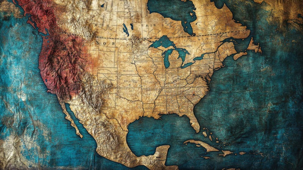 An Ancient Map Design Depicting North America in Rich Colors and ...