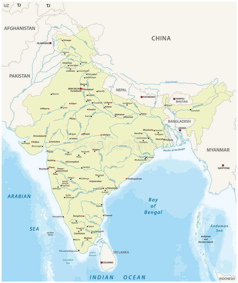 Map of India with the Biggest Cities and Rivers Stock Vector ...