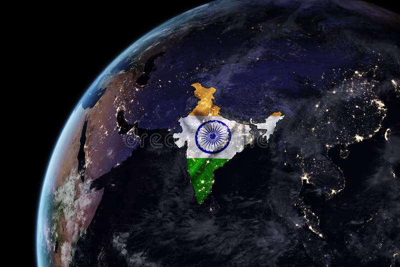 Map of India with Embedded National Flag at Night from Space. the ...