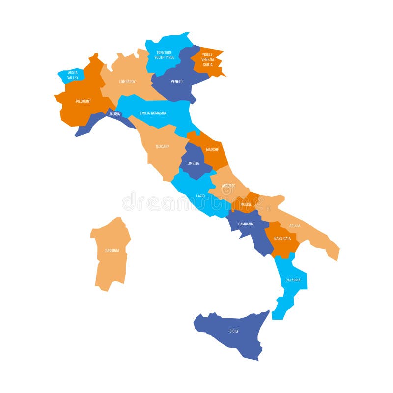 Map of Italy Divided into 20 Administrative Regions. White Land, Black ...