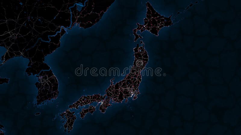 Map of Japan. View from Space. Shimmering Cities and Villages. an ...