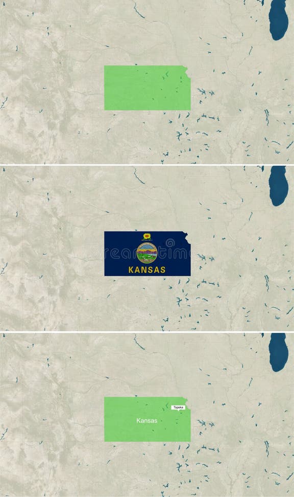 The Map of Kansas with Text, Textless, and with Flag Stock Illustration ...