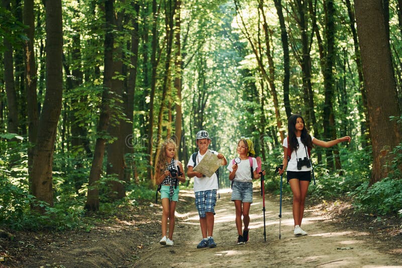 With Map. Kids Strolling in the Forest with Travel Equipment Stock ...
