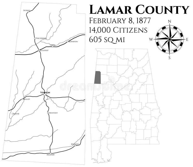 Map of Lamar County in Alabama Stock Vector - Illustration of road ...