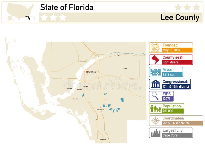Map of Lee County in Florida USA. Stock Vector - Illustration of ...