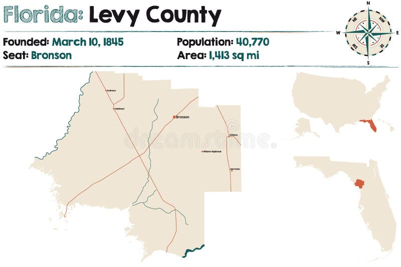 Map of Levy County in Florida Stock Vector - Illustration of federal ...