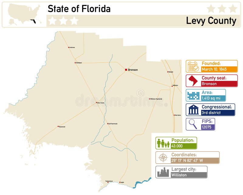 Map of Levy County in Florida USA. Stock Vector - Illustration of united, government: 326955417