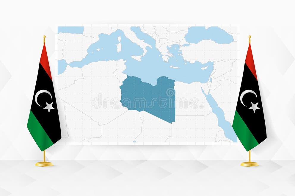 Map of Libya and Flags of Libya on Flag Stand Stock Vector ...