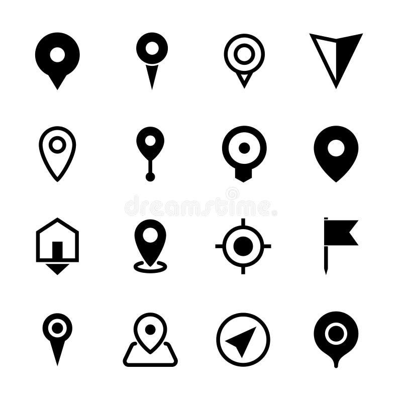 Map Location Icons, Set of 16 Pointers Symbols Stock Vector ...