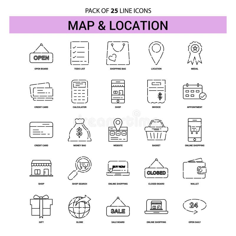 Map And Location Line Icon Set 25 Dashed Outline Style Stock Vector