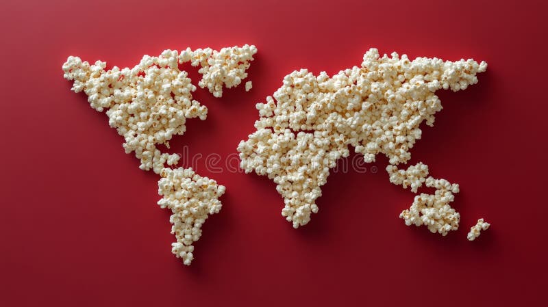 Map Made of Popcorn on Red Background, Creative Snack Concept Stock ...