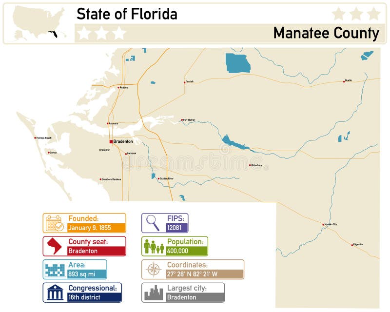 Map of Manatee County in Florida USA Stock Vector - Illustration of district, highway: 326955455