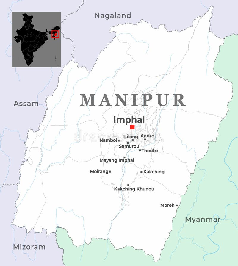 Manipur District Map with Capital Imphal, Marked Most Important Cities ...
