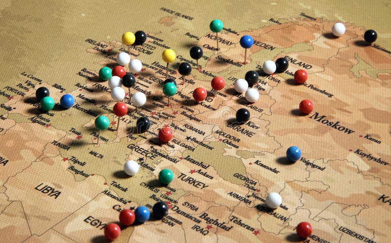 The Map is Marked with Pins of Various Colors Stock Image - Image of ...