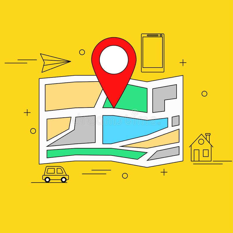 Map with Marker and Different Location Related Elements Stock Vector ...