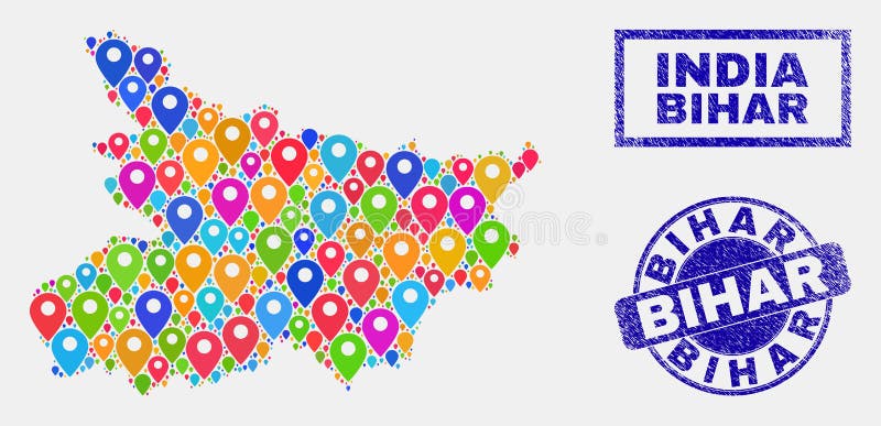 Map Markers Collage of Bihar State Map and Textured Stamp Seals Stock ...