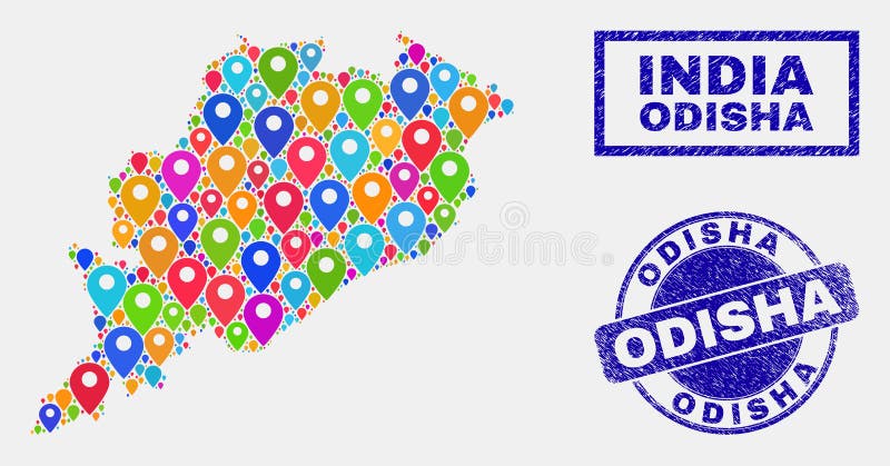Map Markers Collage of Odisha State Map and Scratched Seals Stock ...