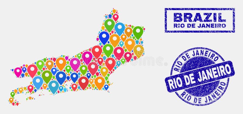 Map Markers Collage of Rio De Janeiro State Map and Grunge Stamp Seals ...