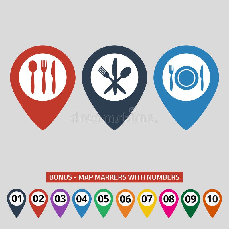 Map Markers with Fork Spoon Plate and Knife Stock Illustration ...