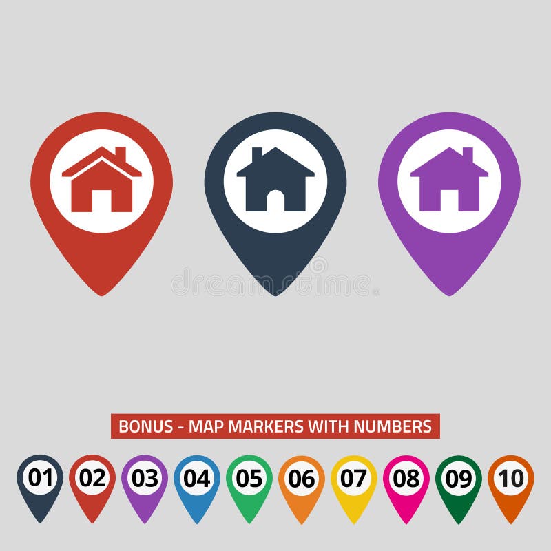 Map Markers with House on Grey Background Stock Illustration ...
