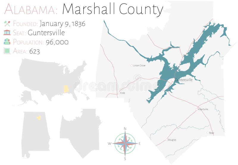 Map of Marshall County in Alabama Stock Vector - Illustration of county ...