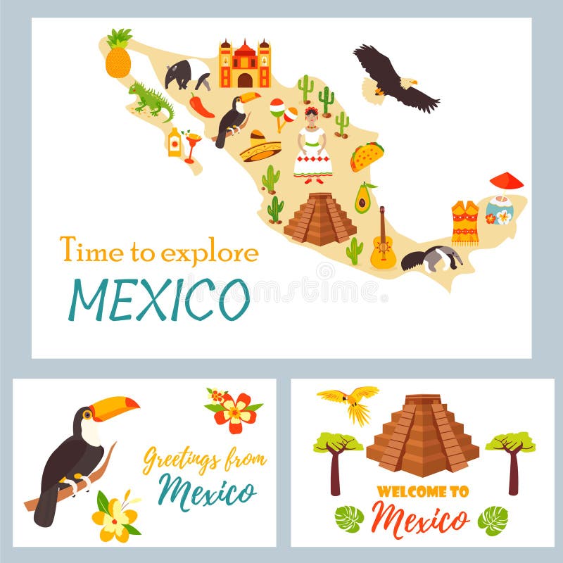 Map of Mexico with Destinations, Animals Landmarks Stock Vector ...