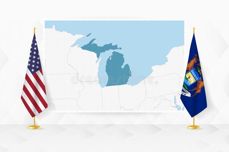 Map of Michigan and Flags of Michigan on Flag Stand Stock Vector ...