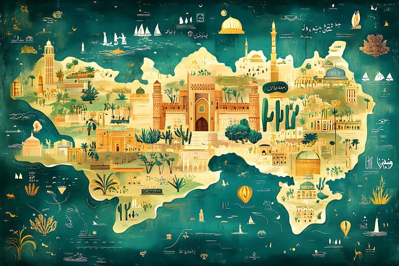 A Map of the Middle East with Illustrations Representing Different ...