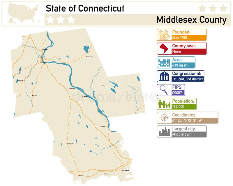Map of Middlesex County in Connecticut USA Stock Vector - Illustration ...